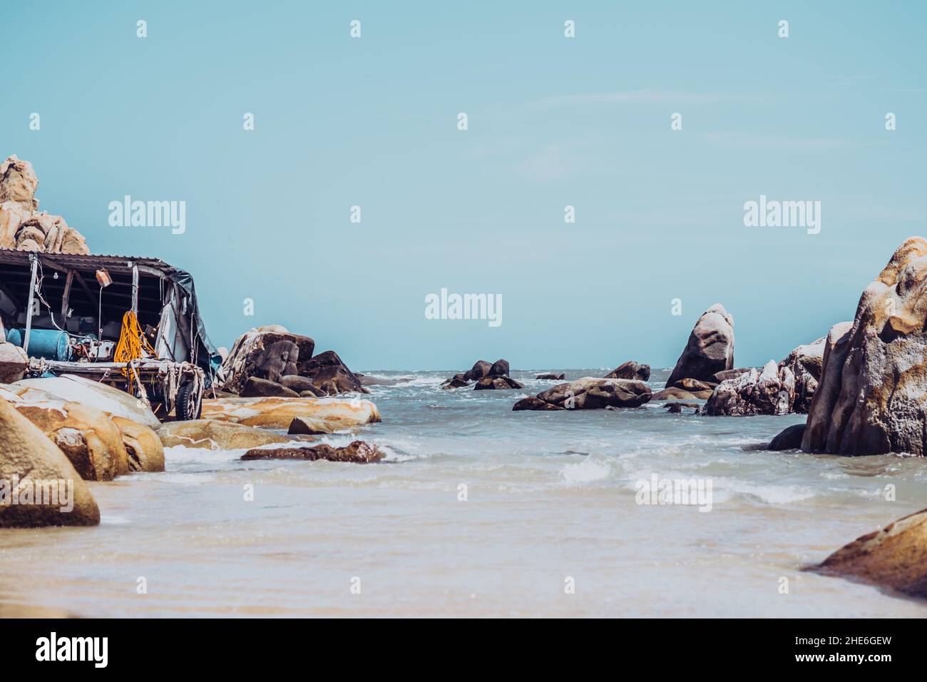 Real nature beauty view background. Sea ocean huge rocks stones coast ...