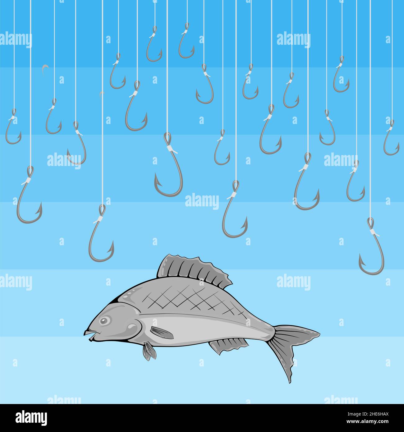 Fish and Hook Logo on Blue Stripes Background Stock Photo - Alamy