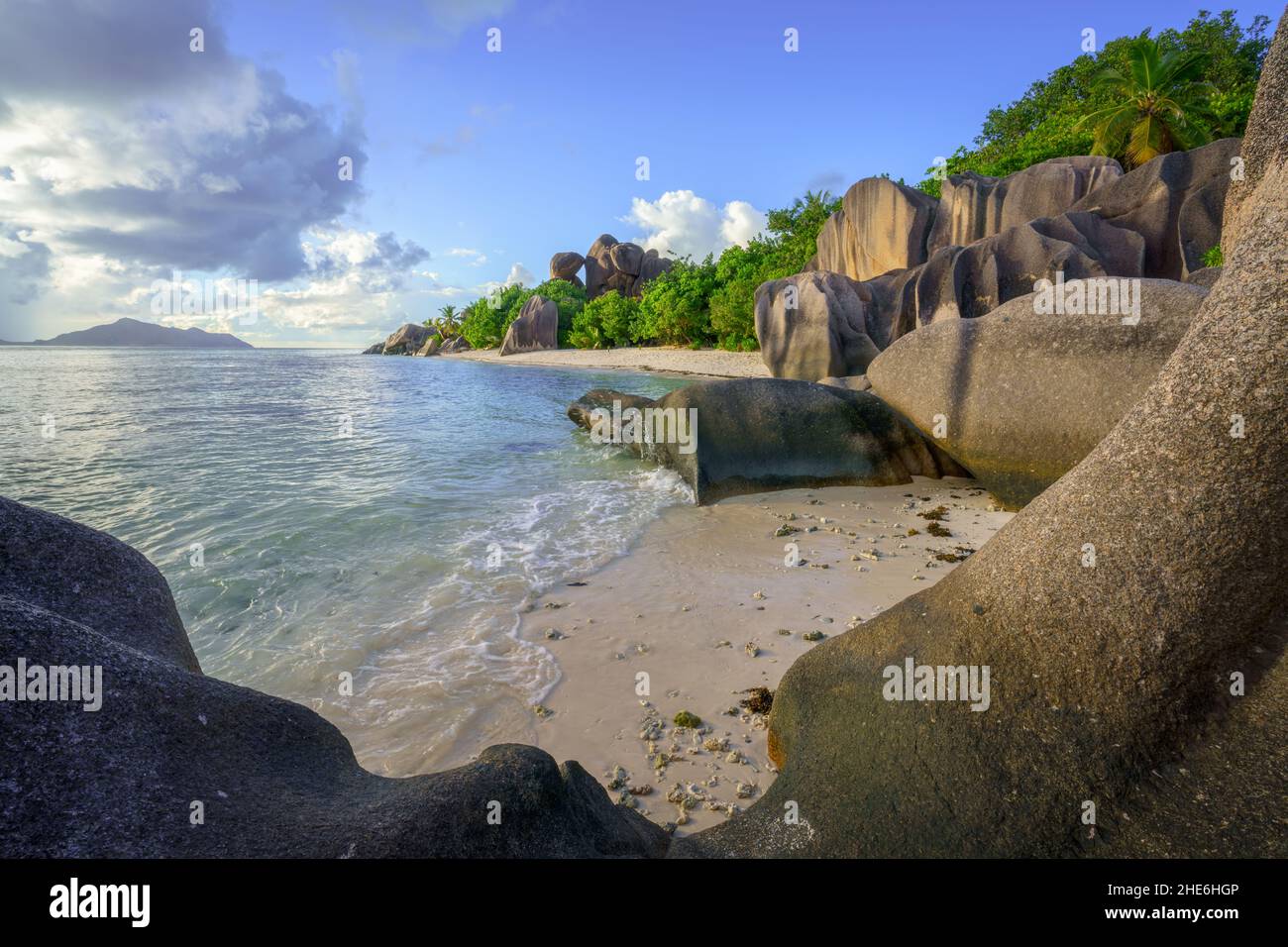 sunset at beautiful tropical beach anse georgette on praslin island on ...
