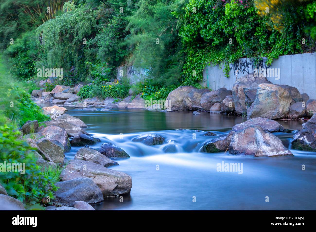 Mesmerizing view of the cascade flowing in the green forest in spring ...