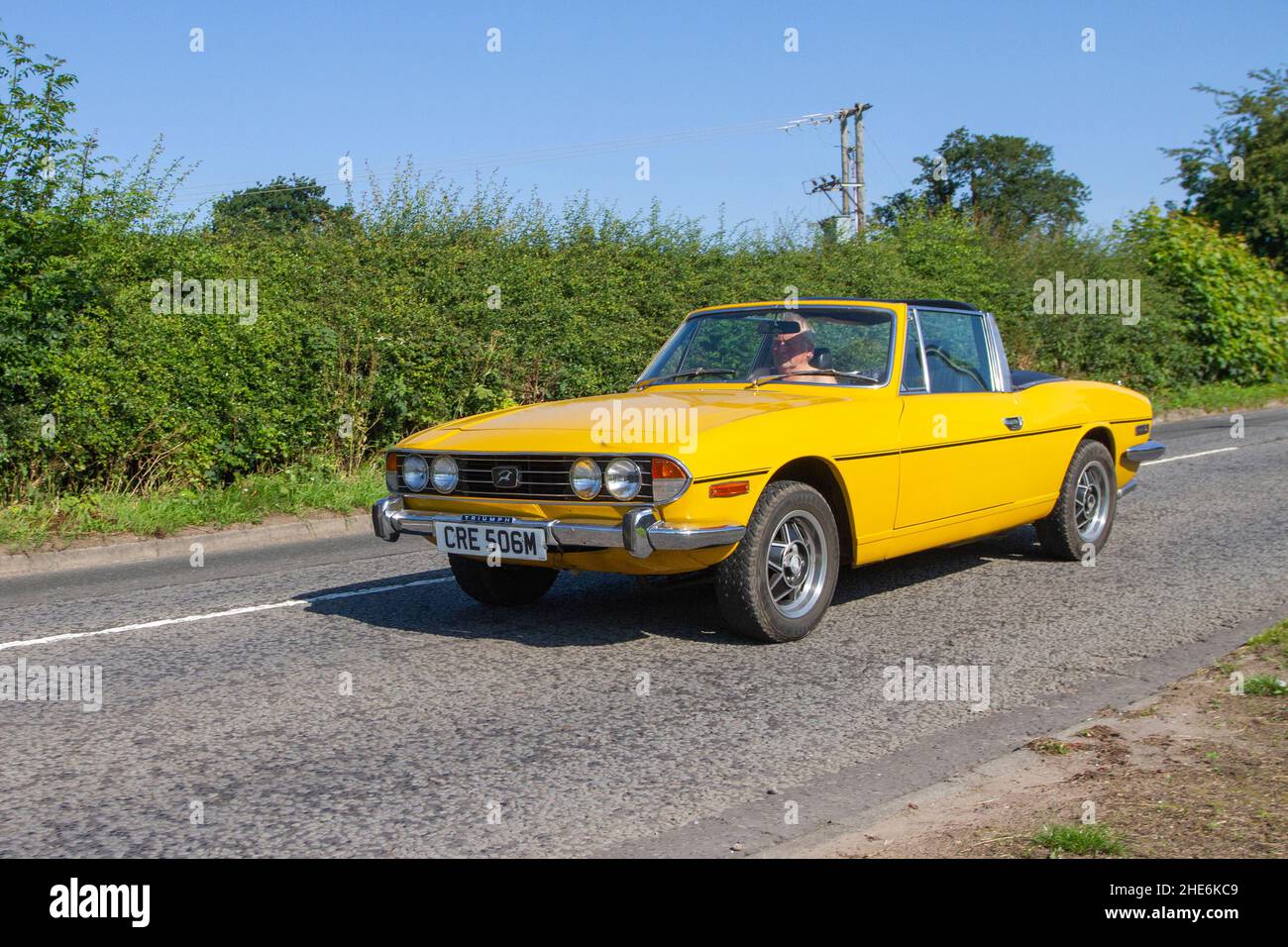 1974, 70s, seventies, yellow Triumph Stag 3000cc petrol convertible, en ...