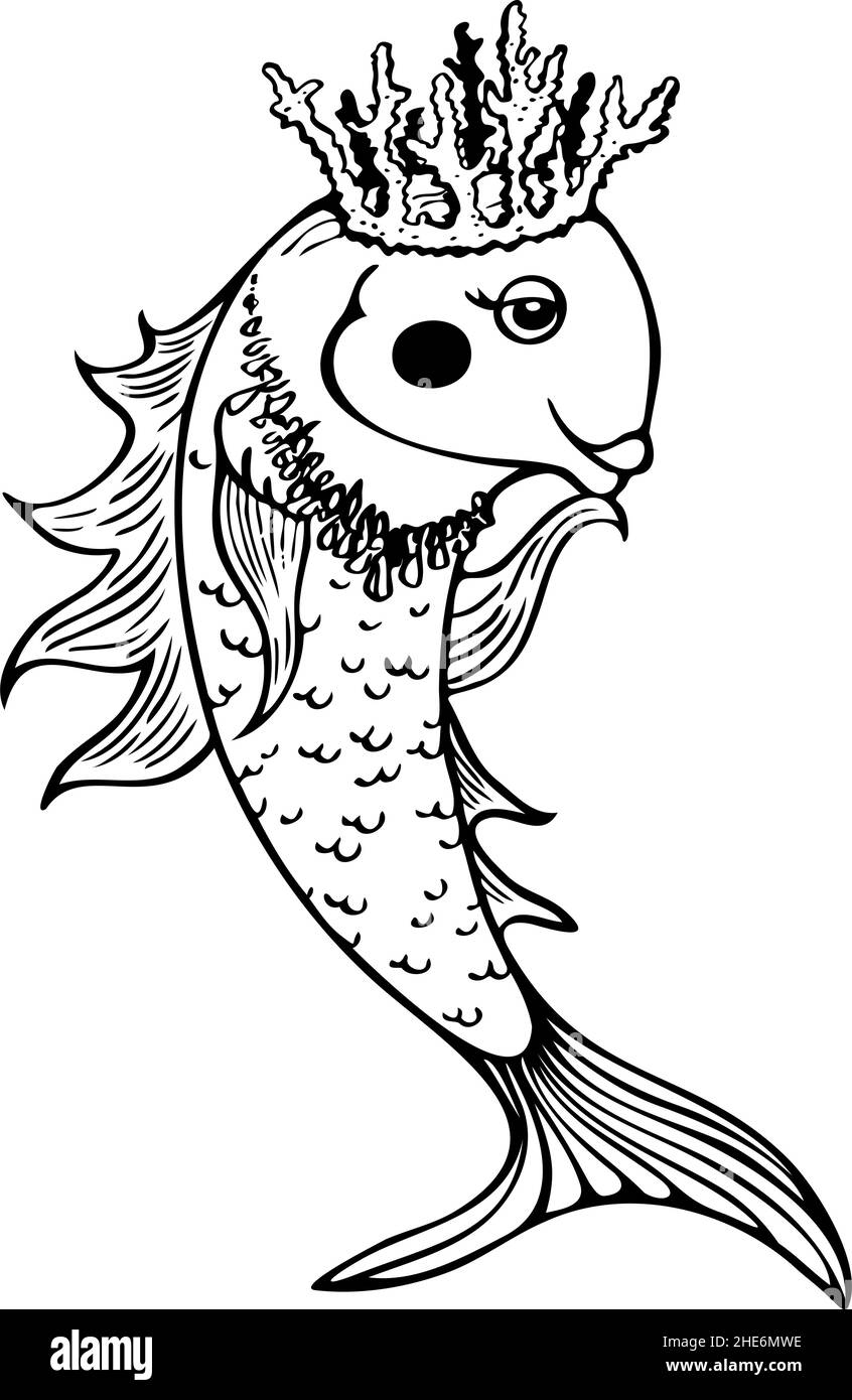 Vector illustration of fish with crown and necklace. Design for ...