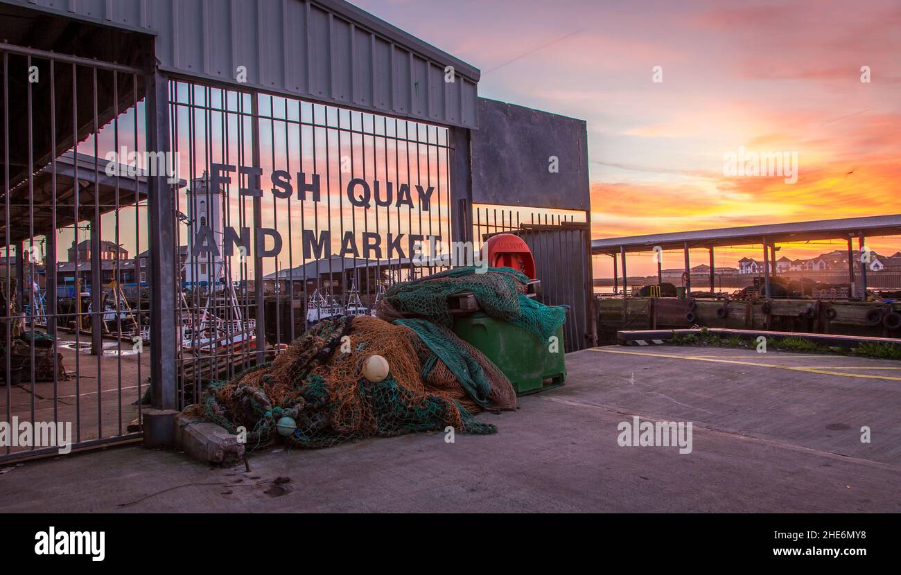 North Shields Fish Quay on a calm morning during a vivid sunrise Stock ...