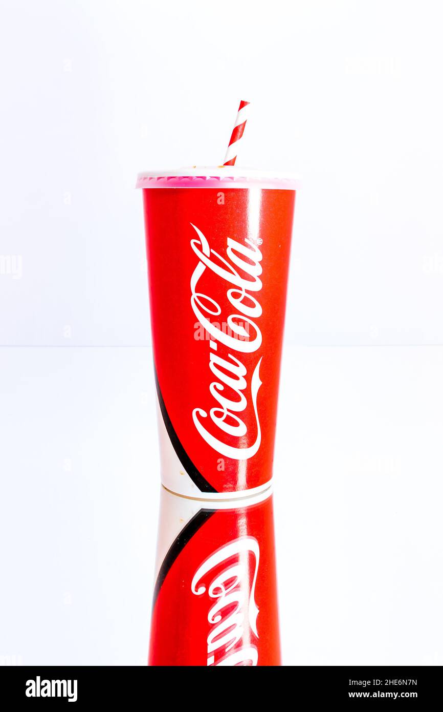 Coca Cola paper cup. Illustrative editorial photo in studio in ...