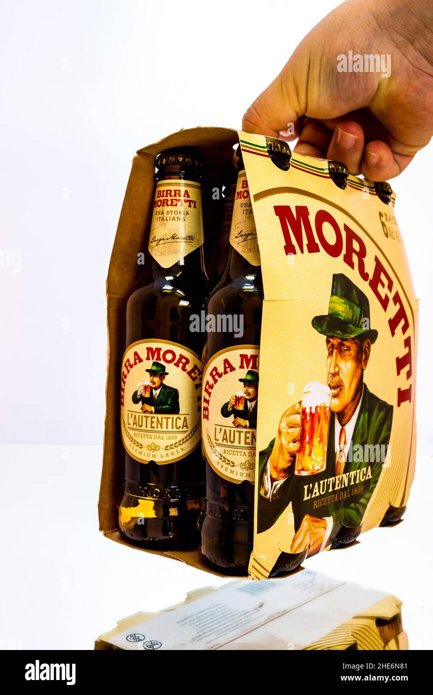 6 pack of Birra Moretti beer. Illustrative editorial photo Bucharest ...