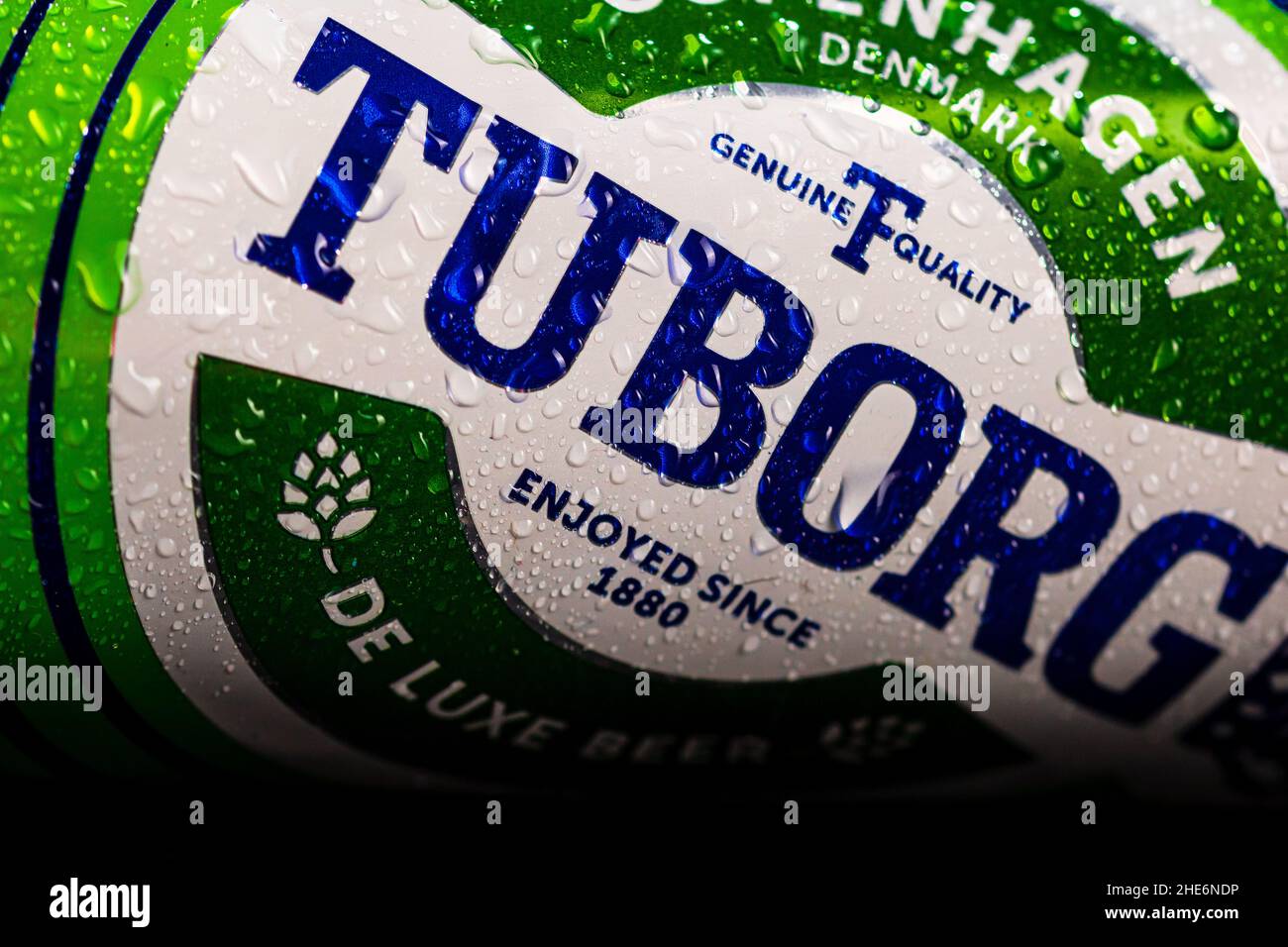 Condensation water droplets on Tuborg beer can isolated on black ...