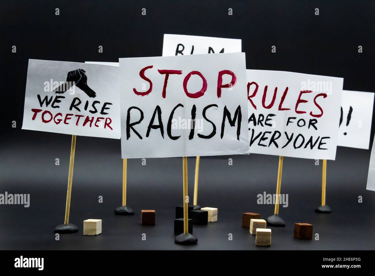 Concept of protest, rally, demonstration. Posters with words "We rise ...