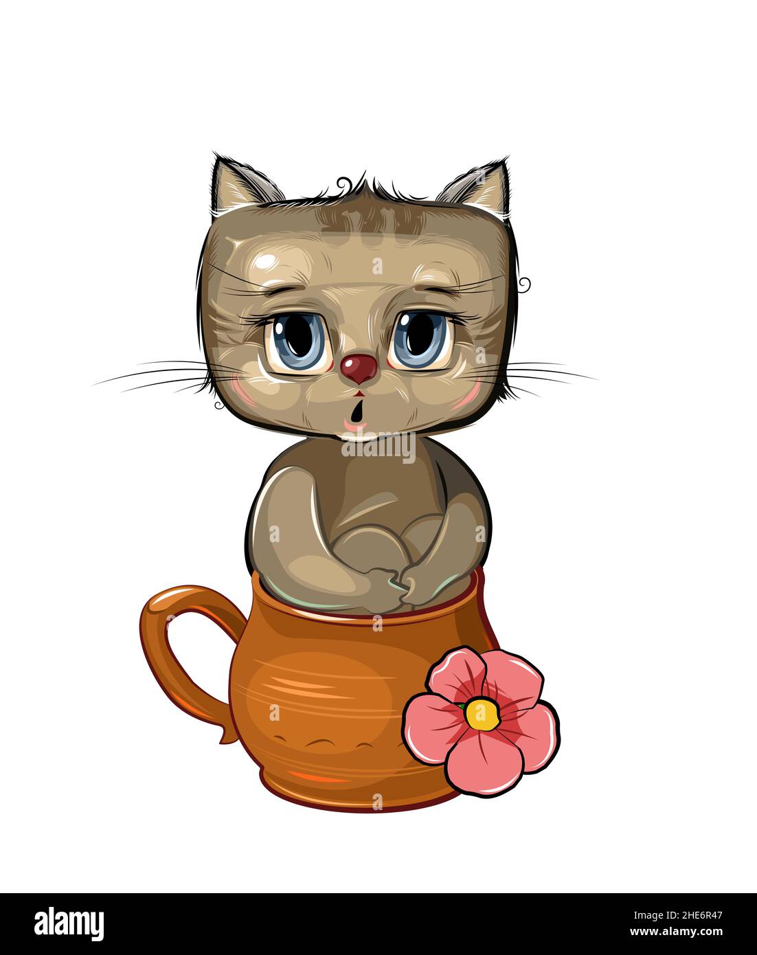 Funny Kitten sits in a brown ceramic coffee mug. Cute comedian animal ...