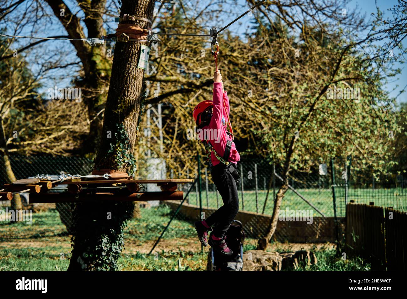 Little girl with protections practicing climbing between trees with ...