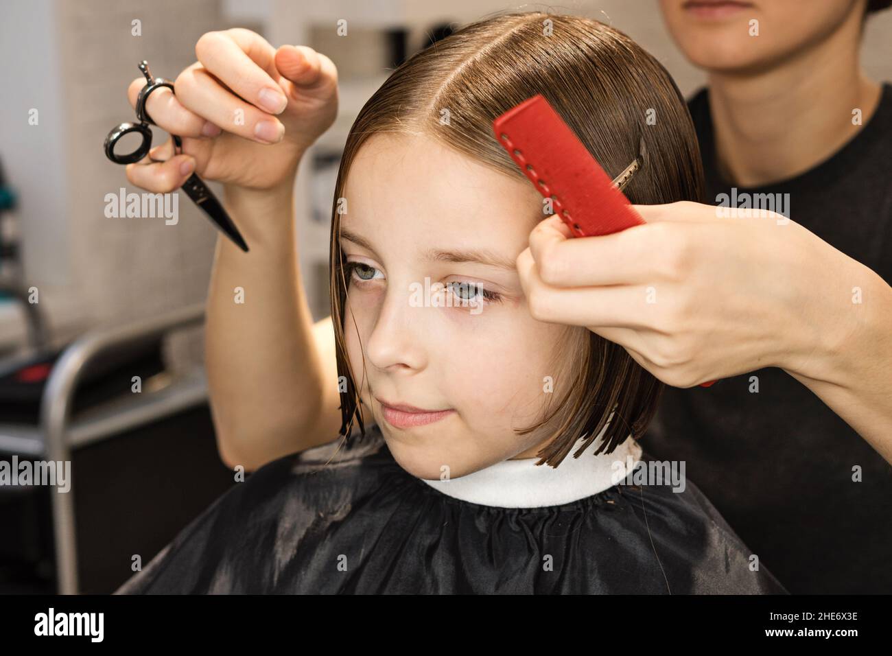 Child gets Haircut from Hairdresser in beauty salon. Little girl with dark blond short bob hair ...