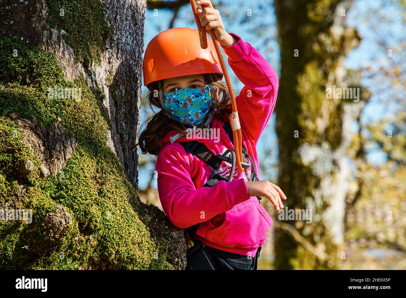 Little girl with protections practicing climbing between trees with ...