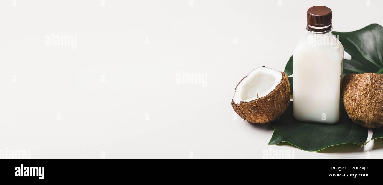 Coconut Oil or Cream, tropical leaves and coconut. Banner with Natural ...