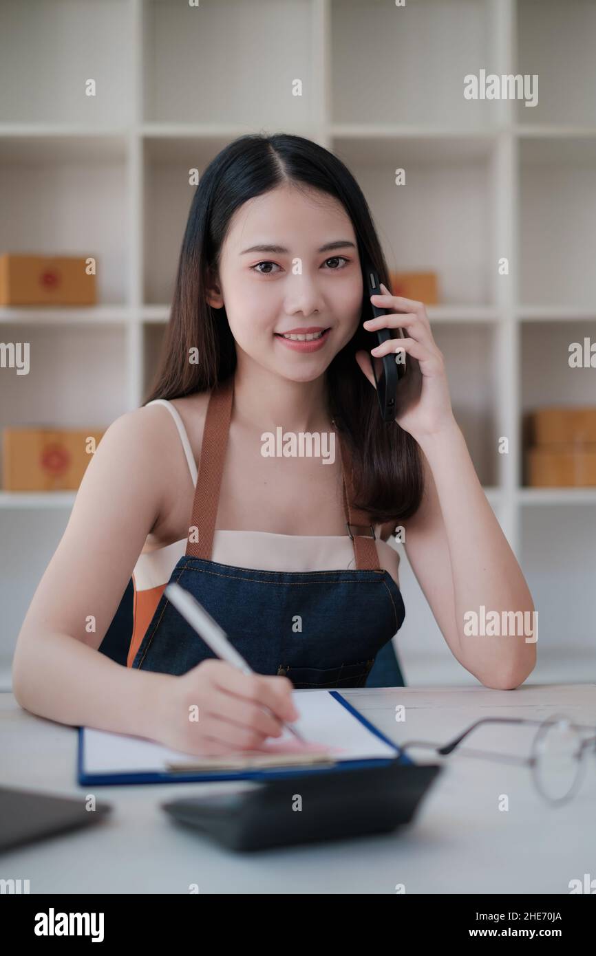 Business owner confirm address to send to customer orders talking by ...