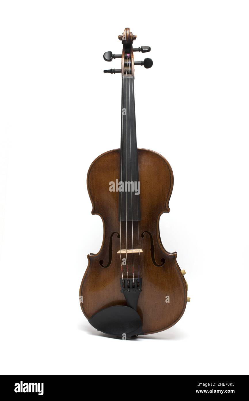 Wide shot of whole body sound body and strings of old violin on white ...
