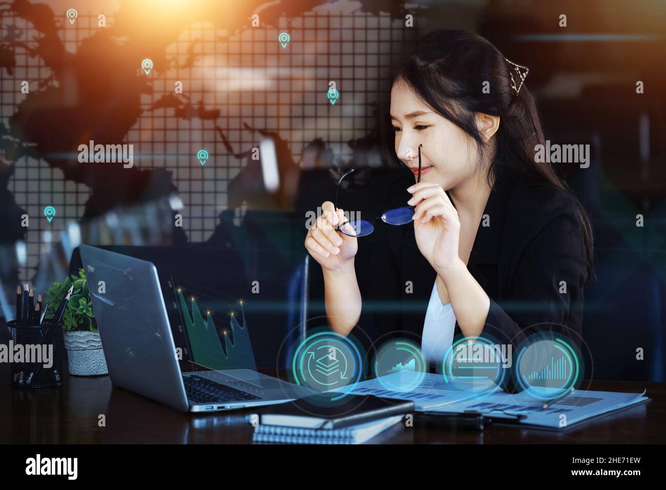 Investment concepts, businesswomen use computers to analyze stock ...