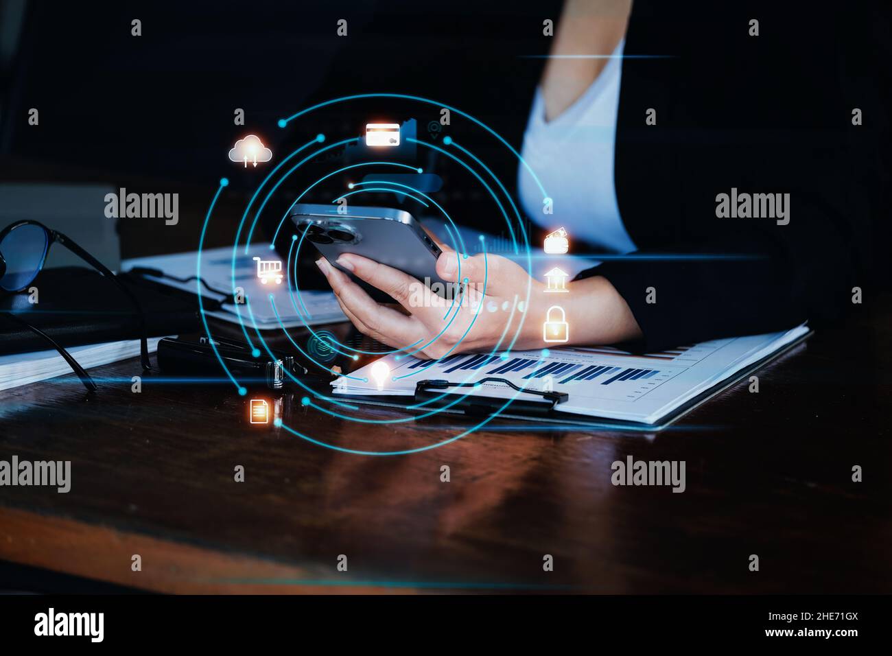 Technology, money business and investment ideas through phone usage ...