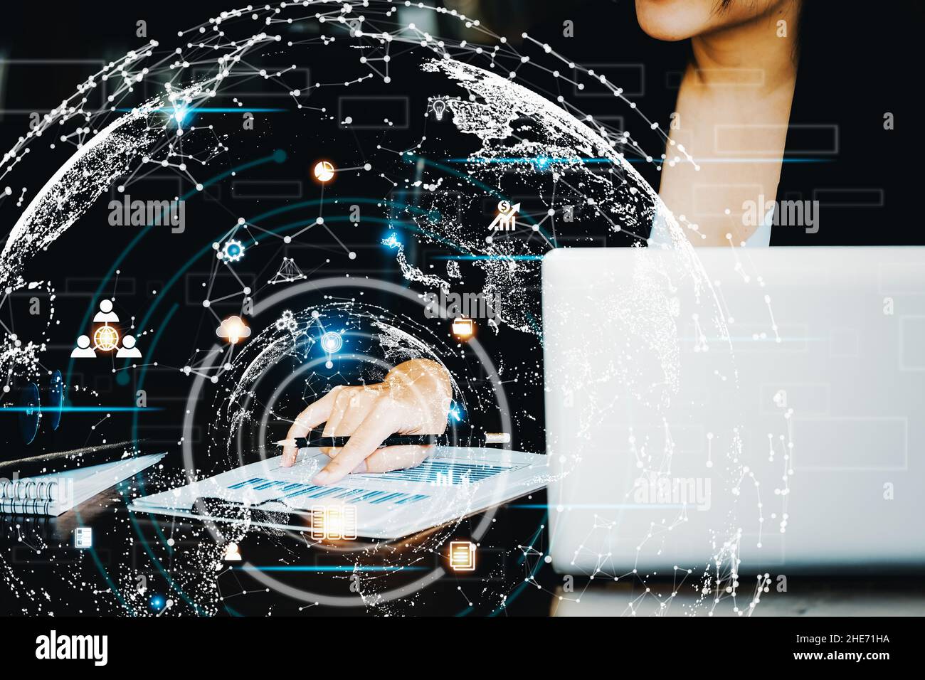 Investment concepts, businesswomen use document and computers to ...