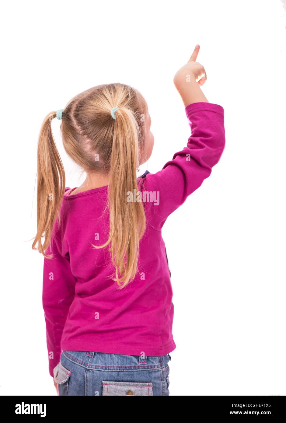 girl pointing up. Isolated on white background Stock Photo - Alamy