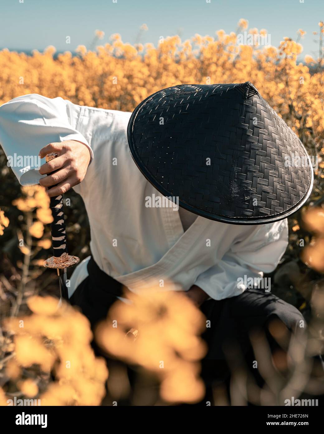 Male in a black Vietnamese straw hat in a field Stock Photo - Alamy