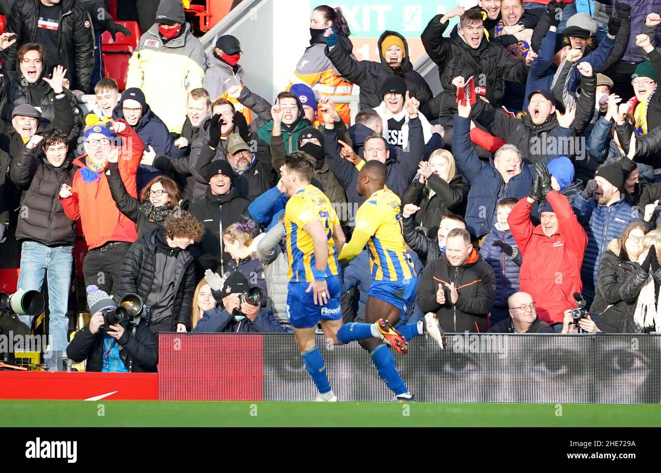 Shrewsbury Town's Daniel Udoh (right) celebrates scoring their side's ...