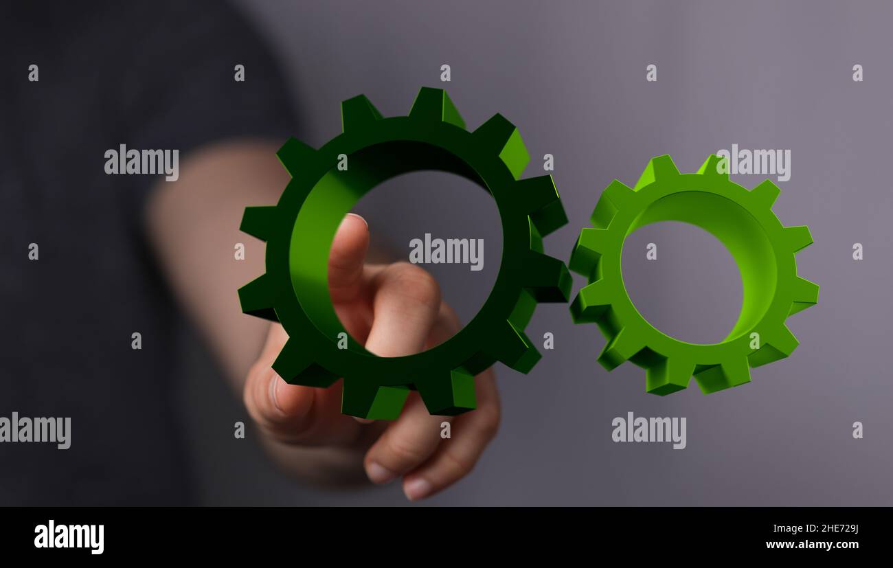 3d rendering of man touching mechanism, green metallic gears, and cogs ...