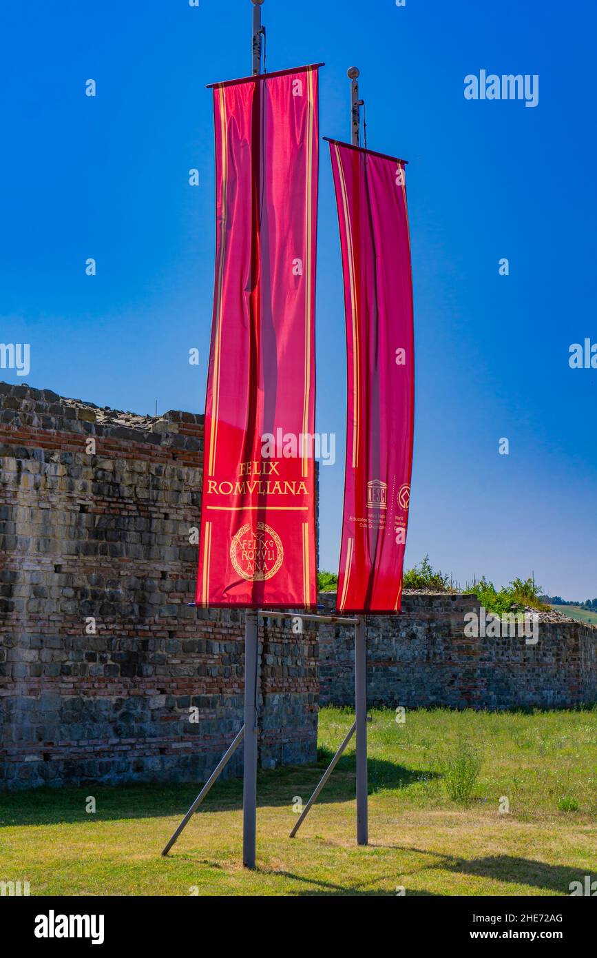 Flags on entrance of Felix Romuliana, remains of palace of Roman ...