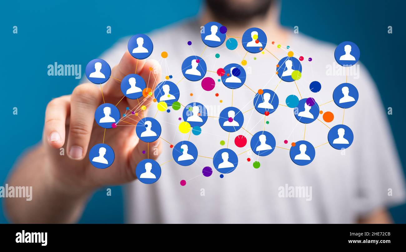 3d rendering of a man touching people icons connected with network ...