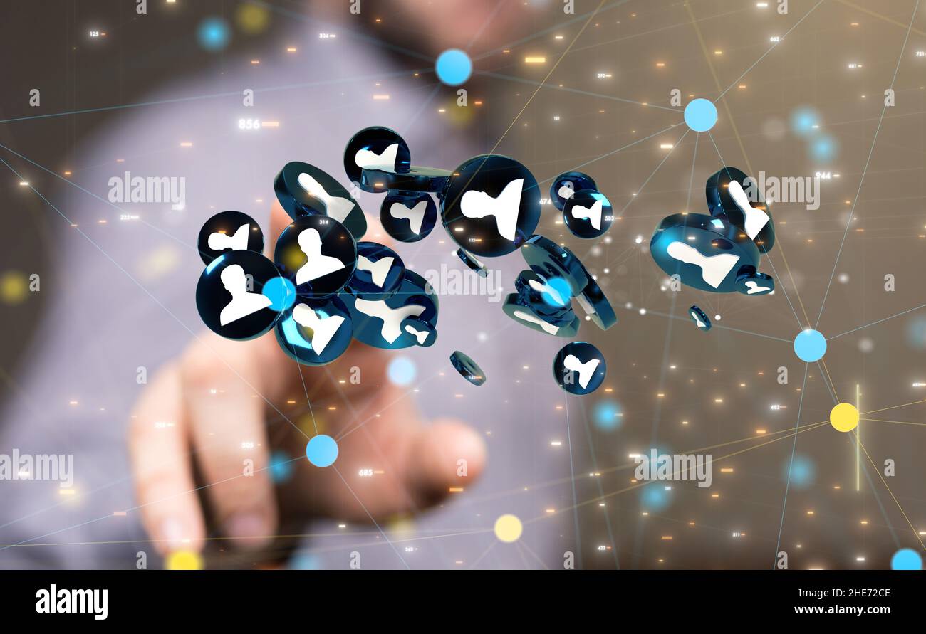 3d rendering of a man touching people icons connected with network ...