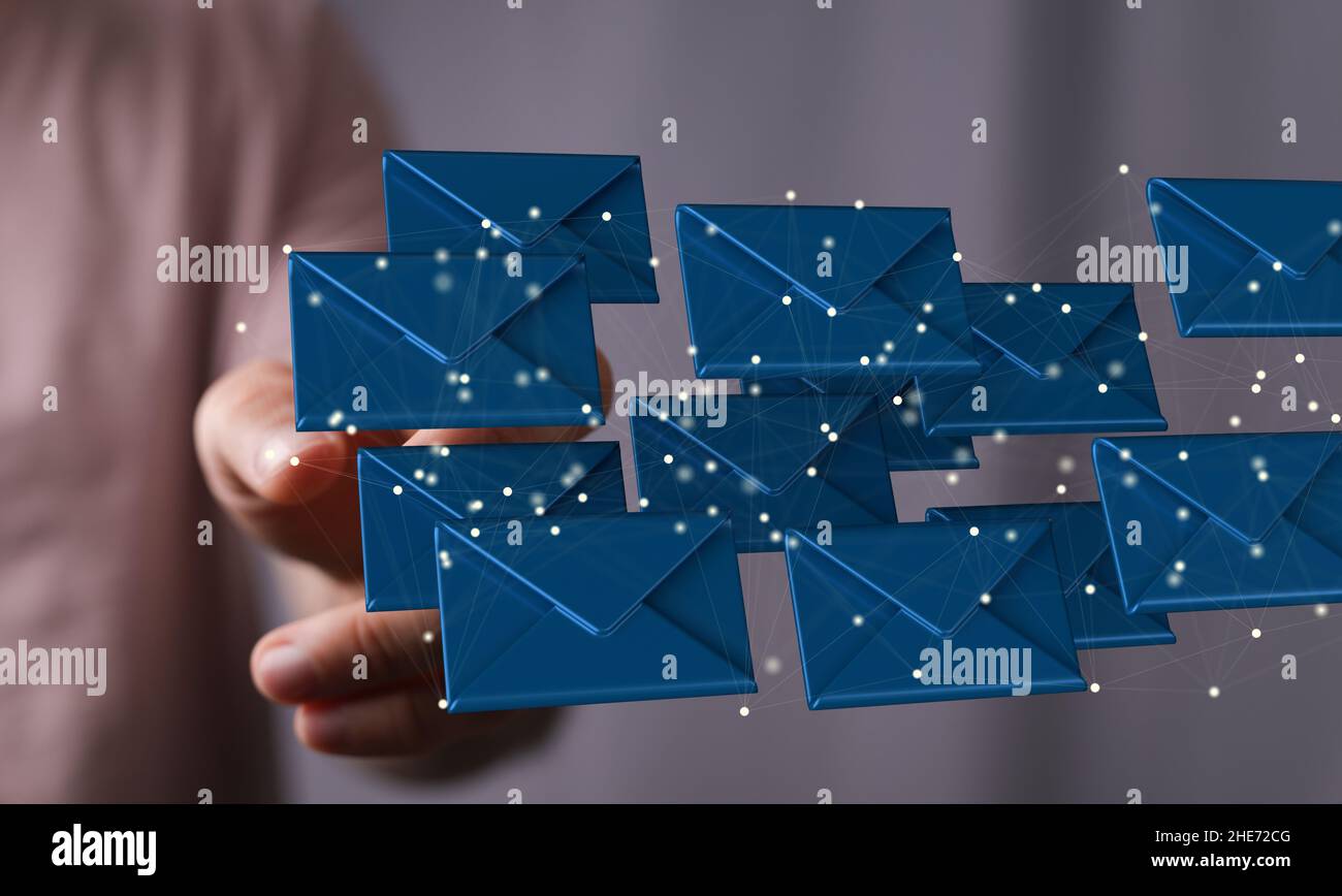 Rendering of human touching flying email icons Stock Photo - Alamy