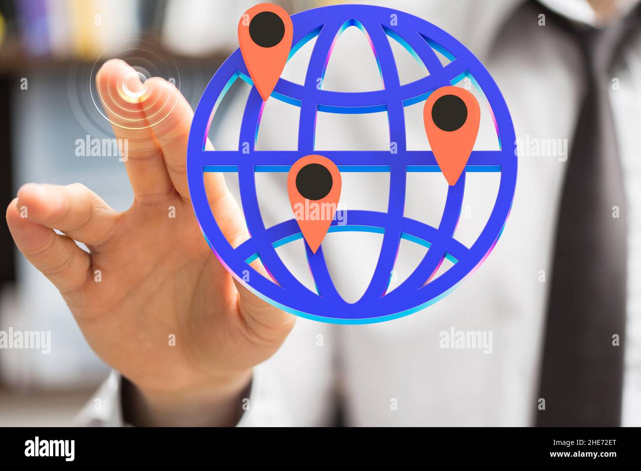 3d rendering of a globe and pin signs for global network and team ...