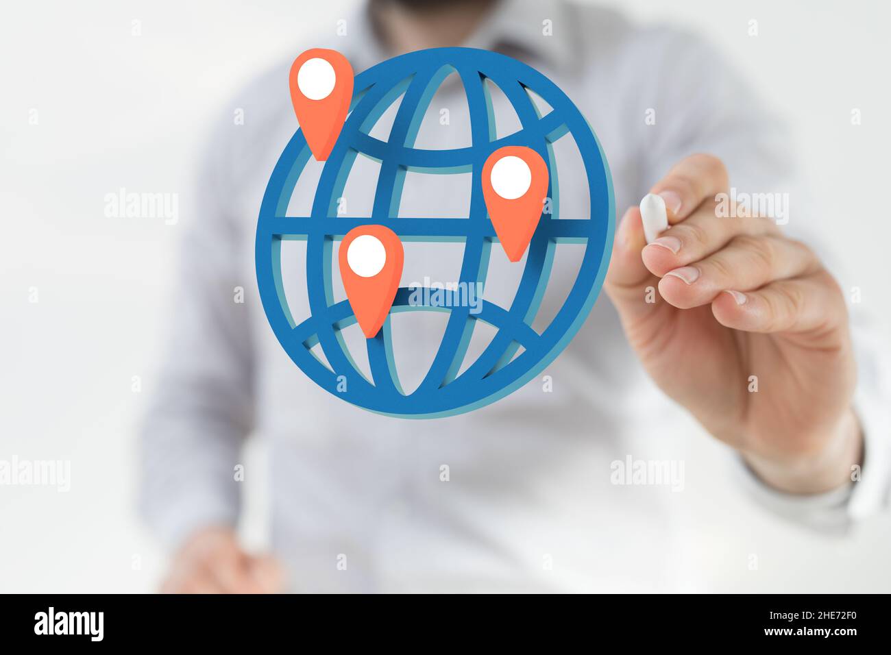 3d rendering of a globe and pin signs for global network and team ...