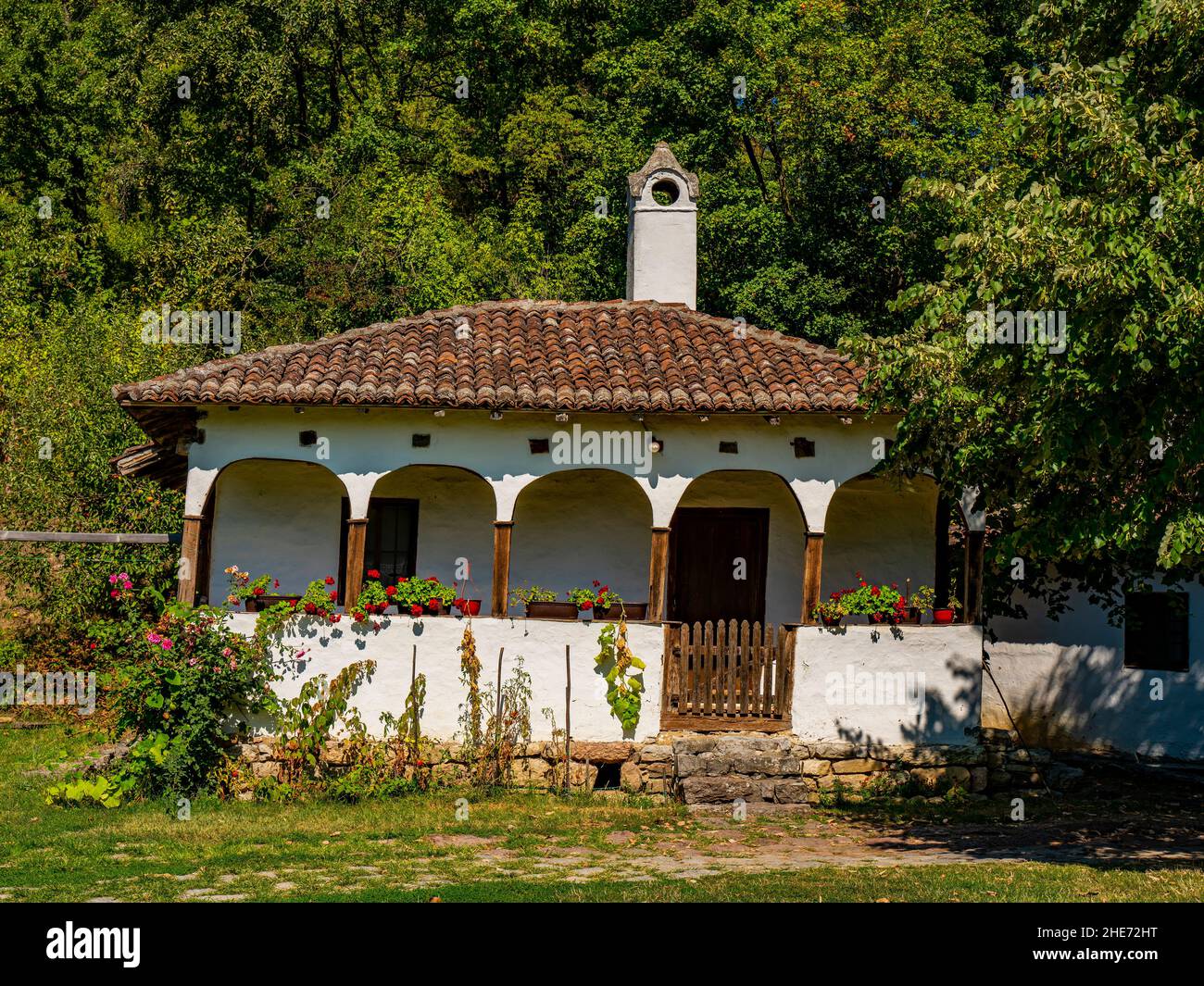 View at traditional 19th century Serbian house at Lepenski Vir, Serbia ...