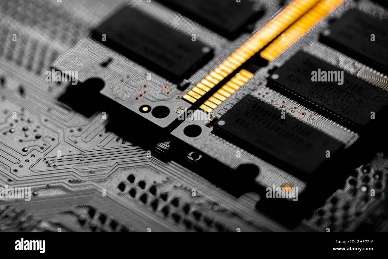 Macro Close up of computer RAM chip; random access memory chip slot for PC motherboard Stock ...
