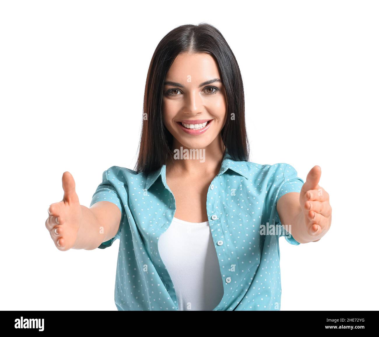 Young woman opening arms for hug isolated on white Stock Photo - Alamy
