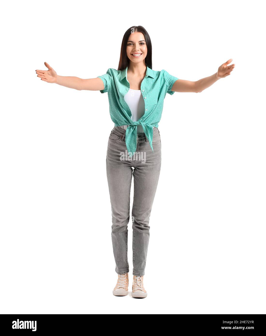 Young woman opening arms for hug isolated on white Stock Photo - Alamy