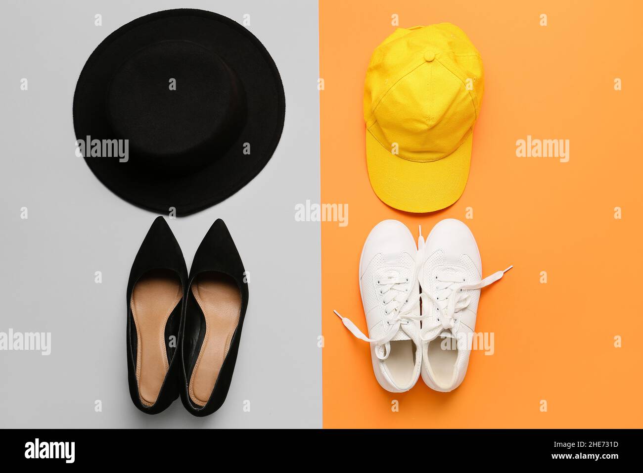 Formal and casual clothes on color background. Concept of balance Stock ...