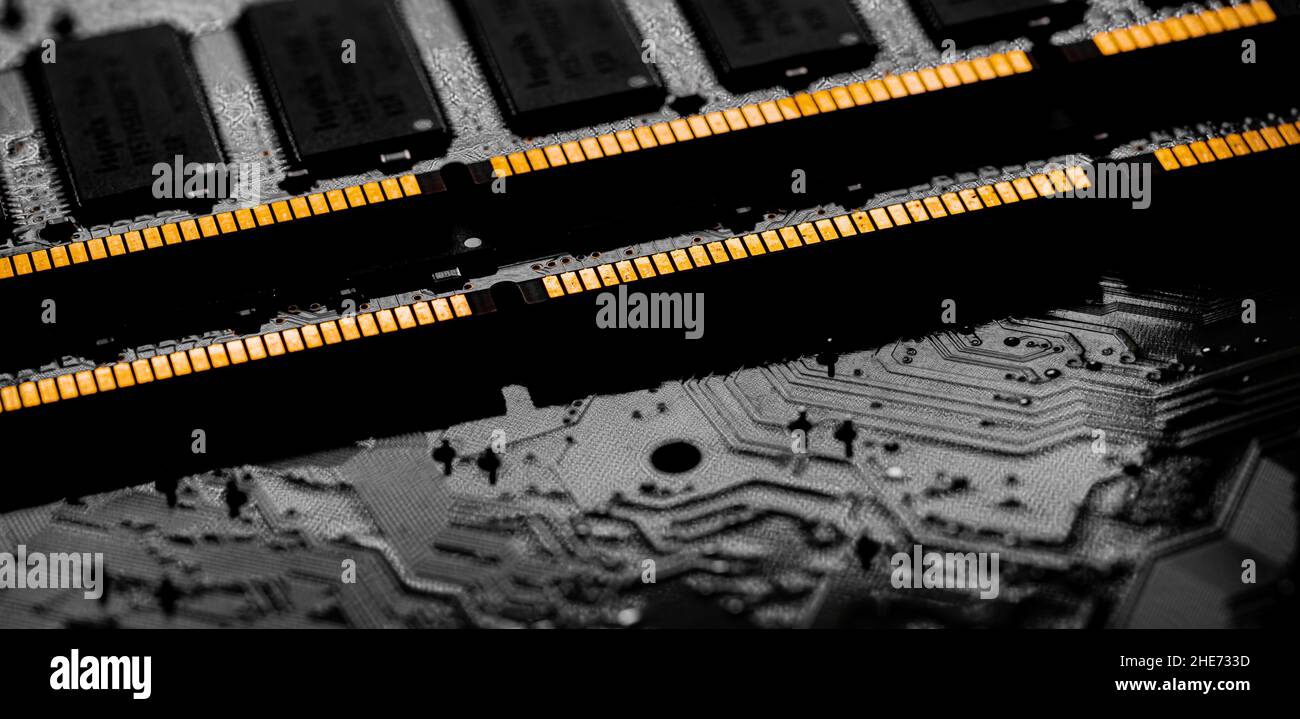 Macro Close up of computer RAM chip; random access memory chip slot for ...