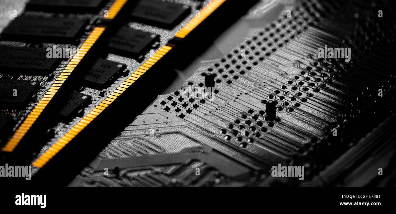 Macro Close up of computer RAM chip; random access memory chip slot for ...