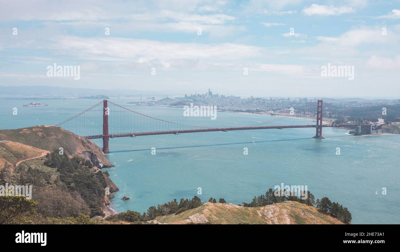 Aerial view of the famous Golden Gate Bridge over San Francisco bay ...
