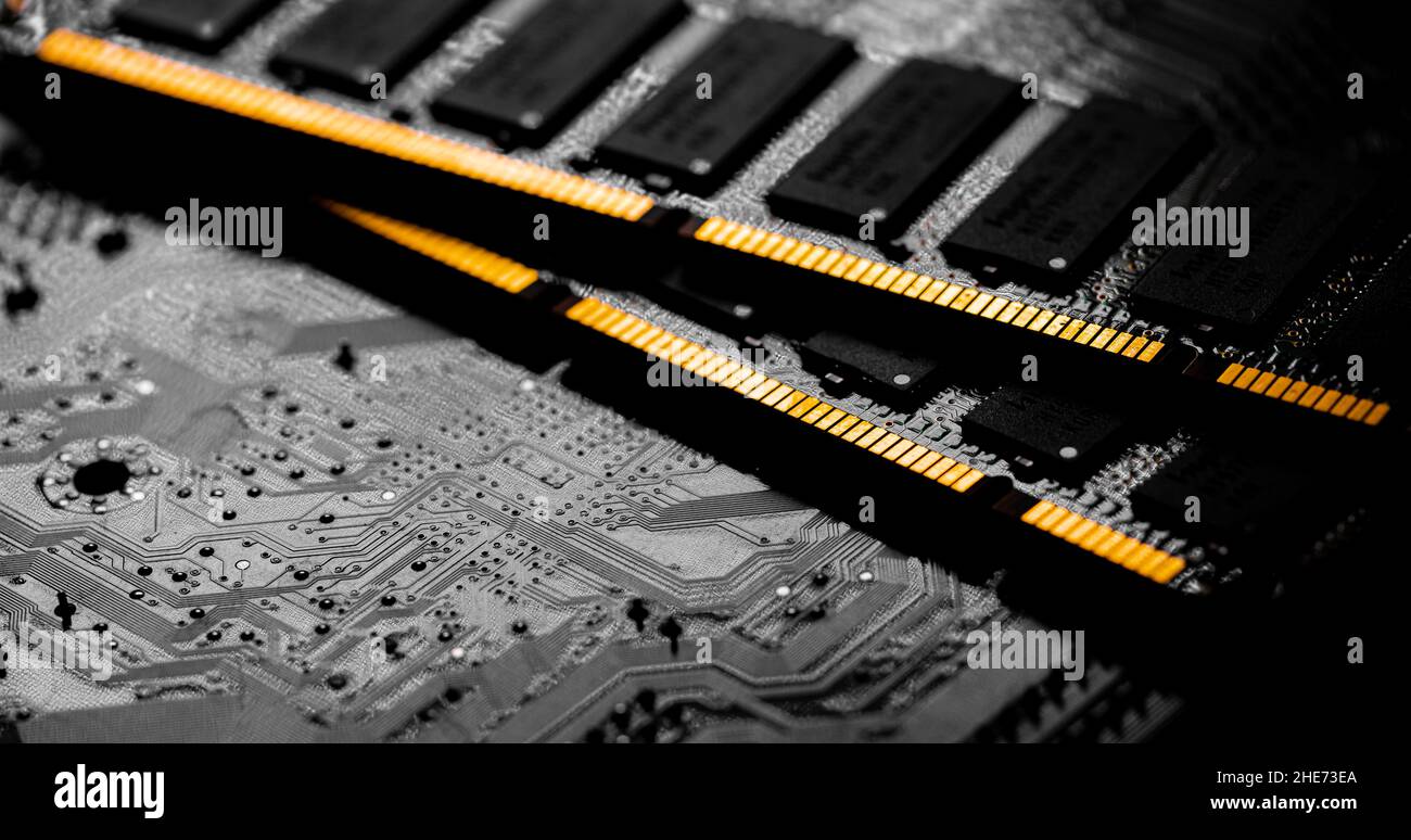 Macro Close up of computer RAM chip; random access memory chip slot for ...