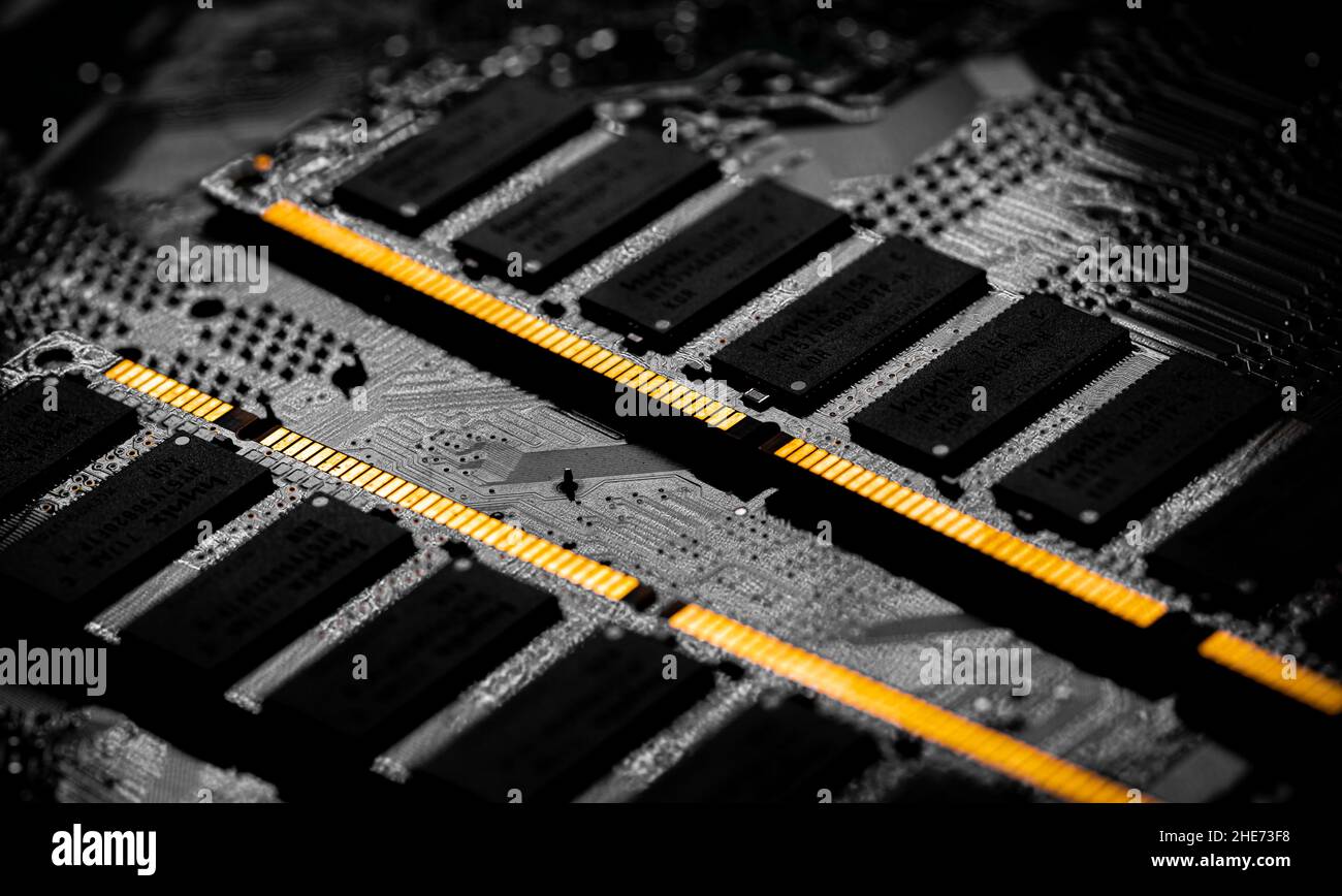 Macro Close up of computer RAM chip; random access memory chip slot for ...