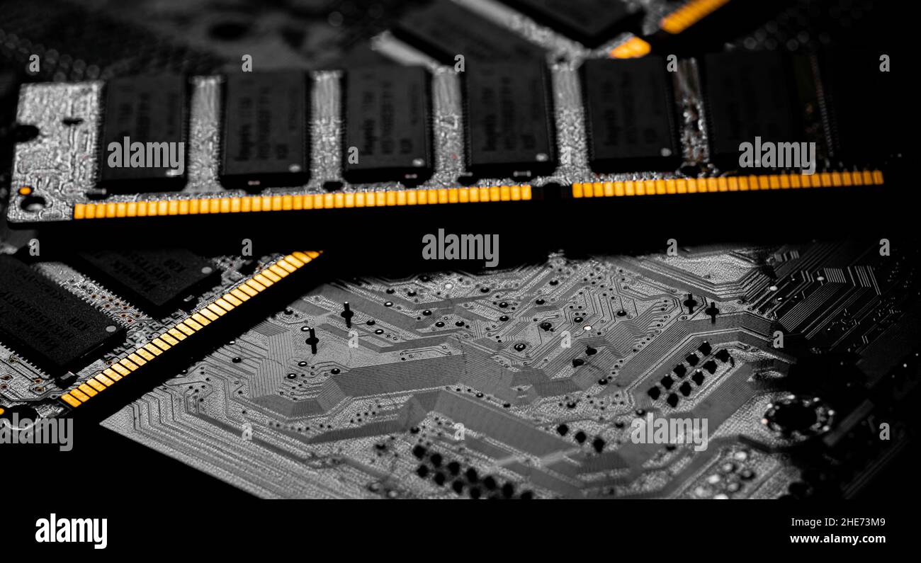 Macro Close up of computer RAM chip; random access memory chip slot for ...