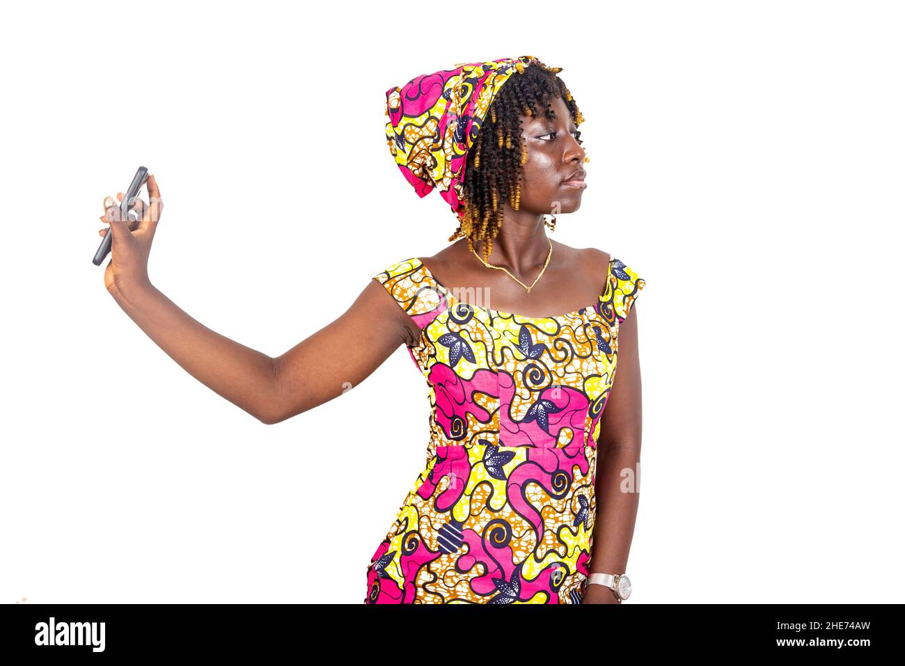 beautiful serious young woman showing the mobile phone screen from the ...