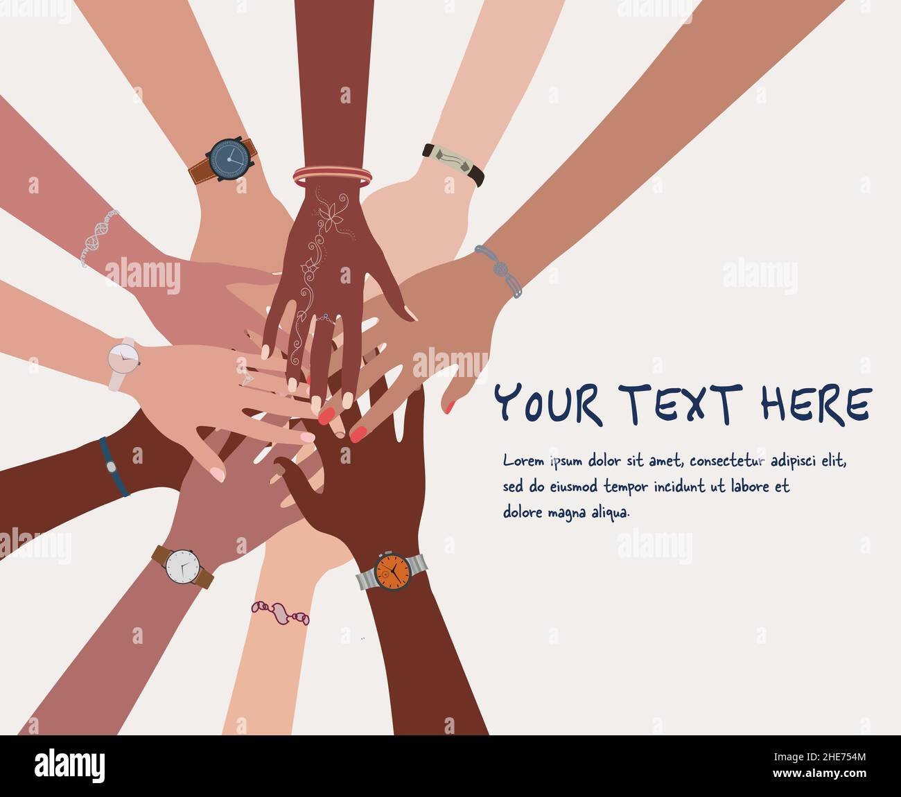 Group of hands on top of each other in a circle of diverse multi-ethnic ...