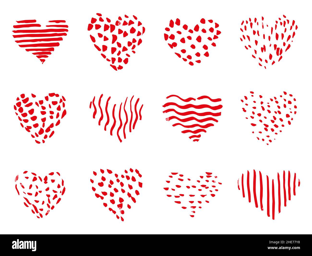 Set of Heart hand drawn doodles, sketches red color, vector Stock ...