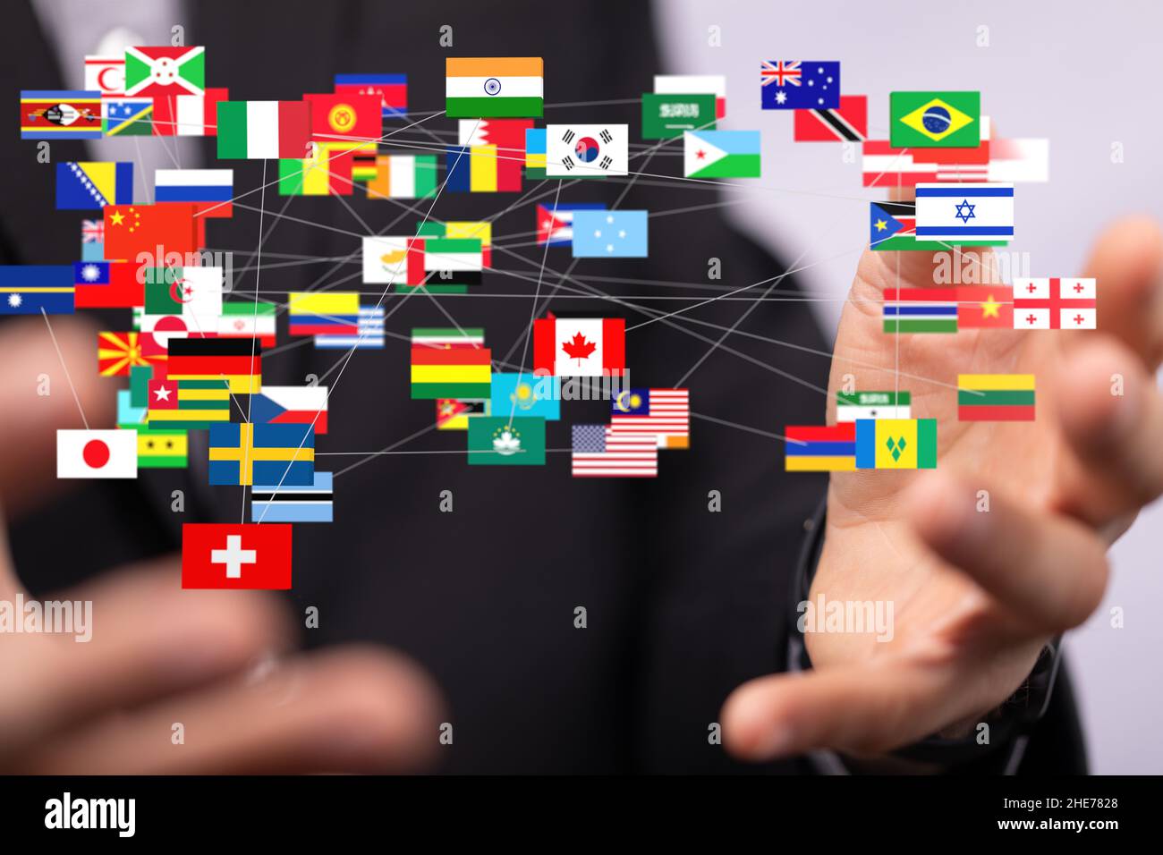 3d rendering of national flags of the countries connected with network ...