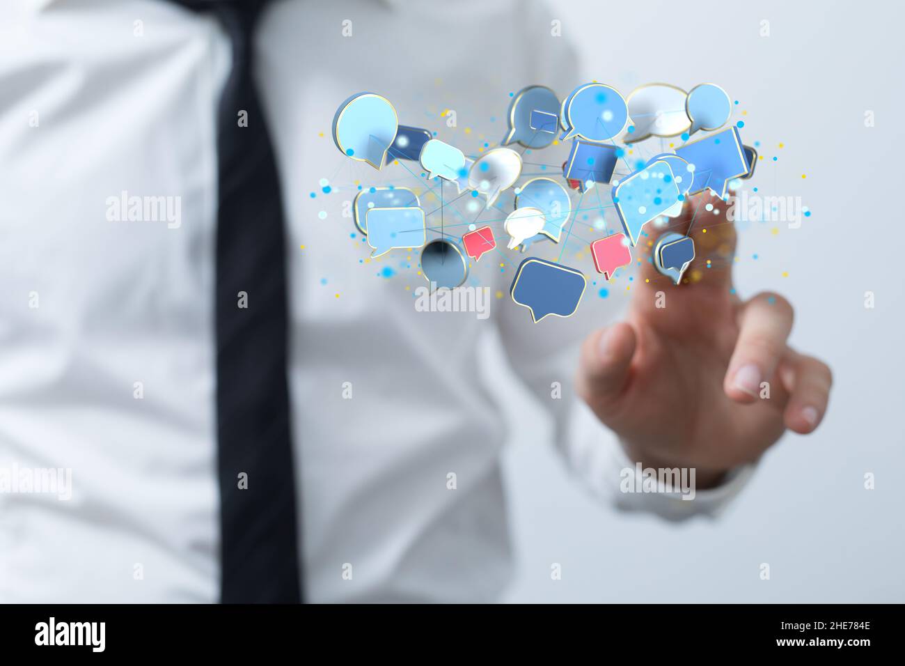 3d rendering of man touching chat bubbles Stock Photo - Alamy