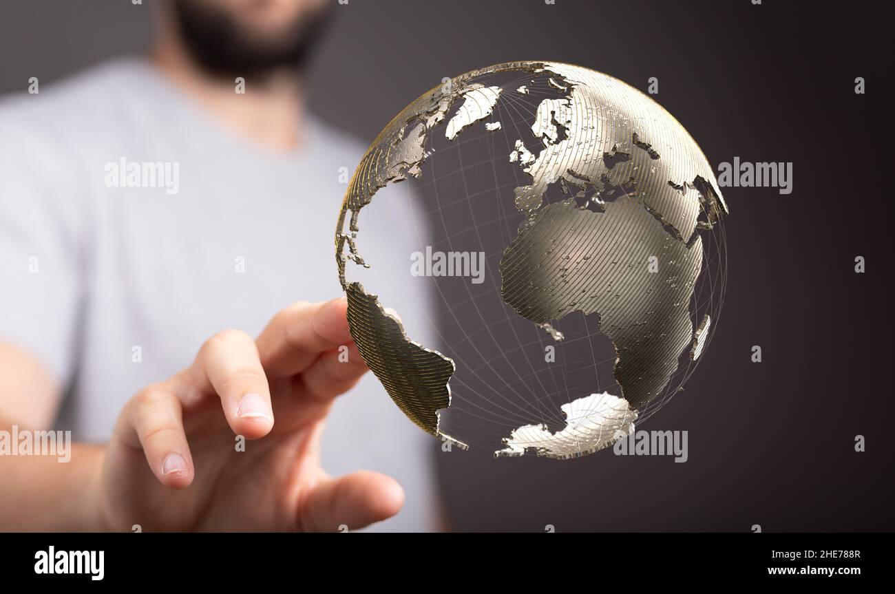 3d rendering of man touching digital earth Stock Photo - Alamy