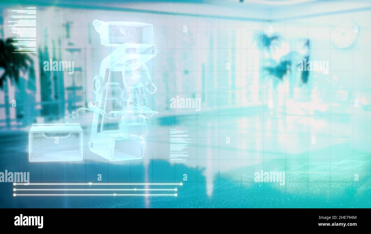 high tech clinic room with overlays and scientific microscope . cgi ...