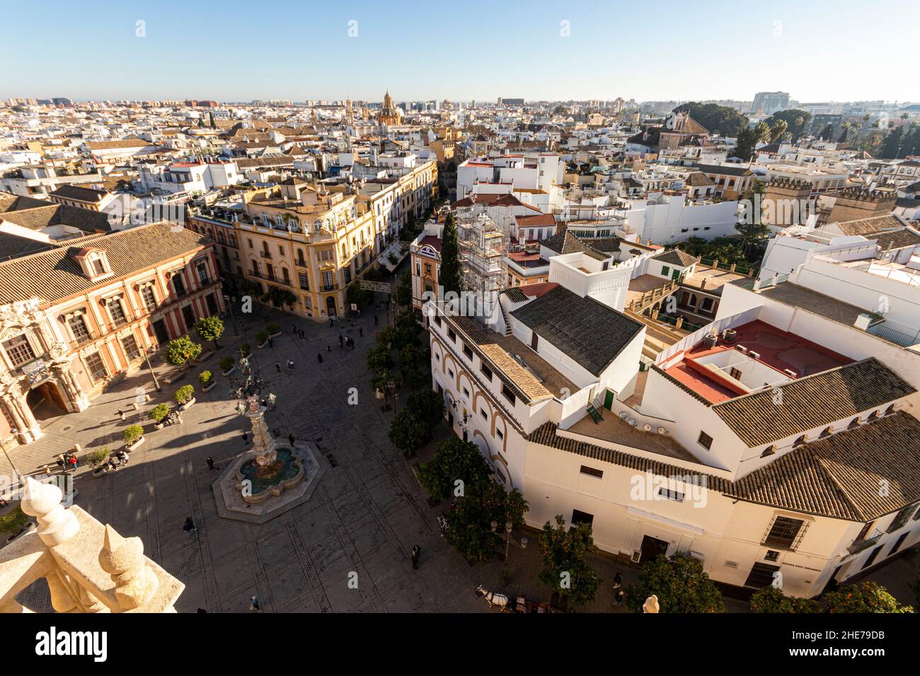 Sevilla, Spain. Aerial view of Plaza Virgen de los Reyes square and the ...